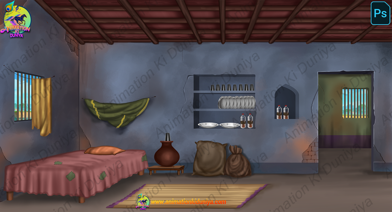 Indian Village Background - Inside Poor Room - Cartoon Background ...